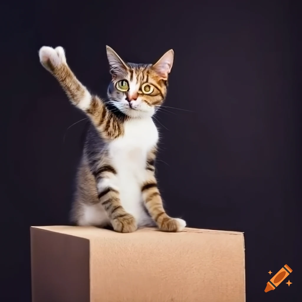 Domestic cat sitting on a ballot box with paw raised playfully on Craiyon