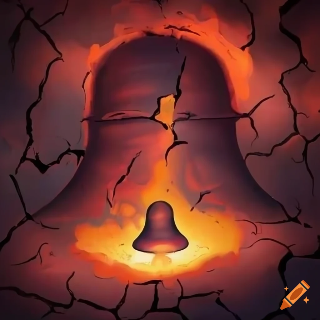 Cracked bell ringing in a hellscape with ominous lighting on Craiyon