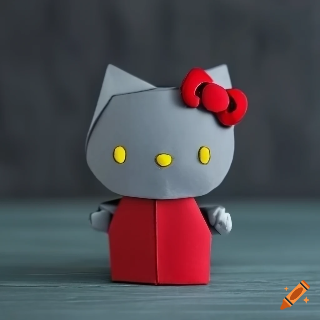 Origami Hello Kitty on wood with blue background on Craiyon