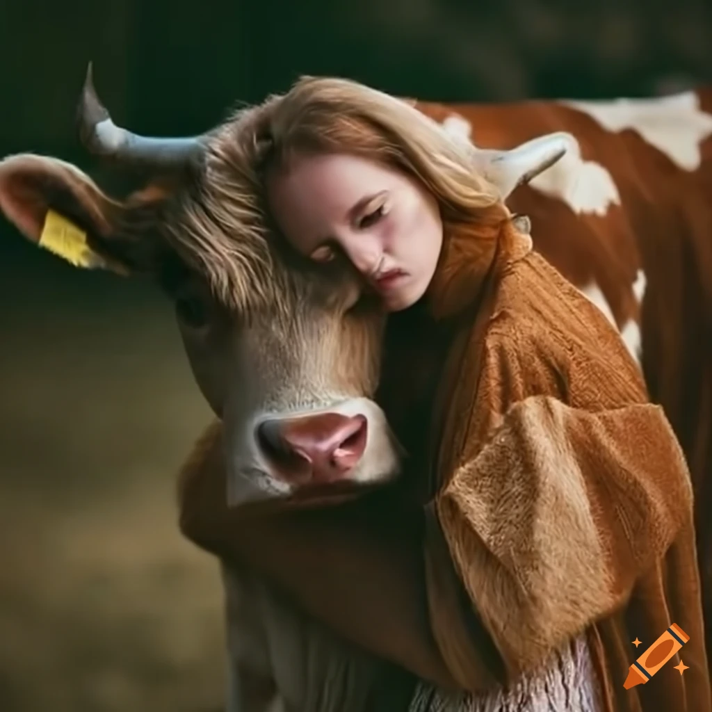 Woman showing care and affection to a cow on Craiyon
