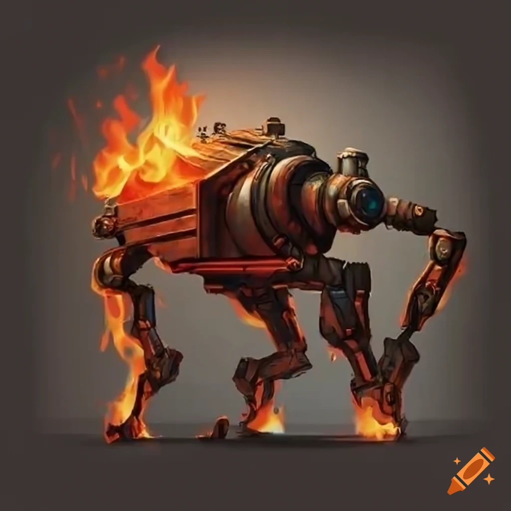 Giant boxy 6-legged mech in a fiery landscape on Craiyon