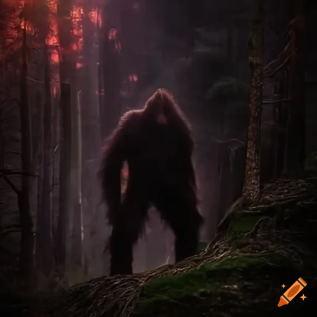 Bigfoot with glowing red eyes peering from the forest edge on Craiyon
