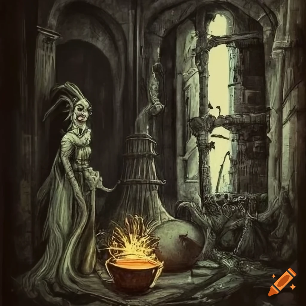 Detailed dark fantasy illustration of a witch with a pot inside an ...