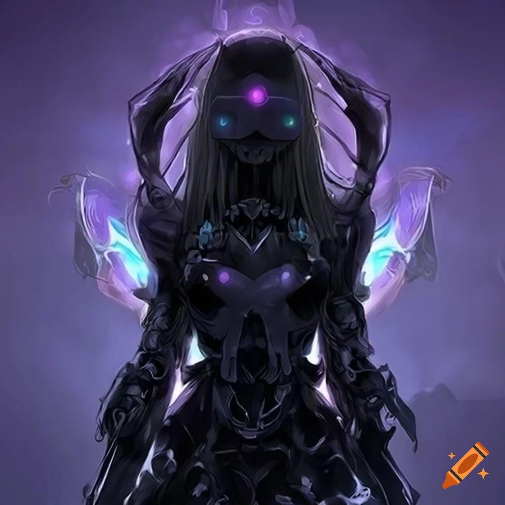 Anime fantasy female robot in a gothic god suit studying with glasses ...