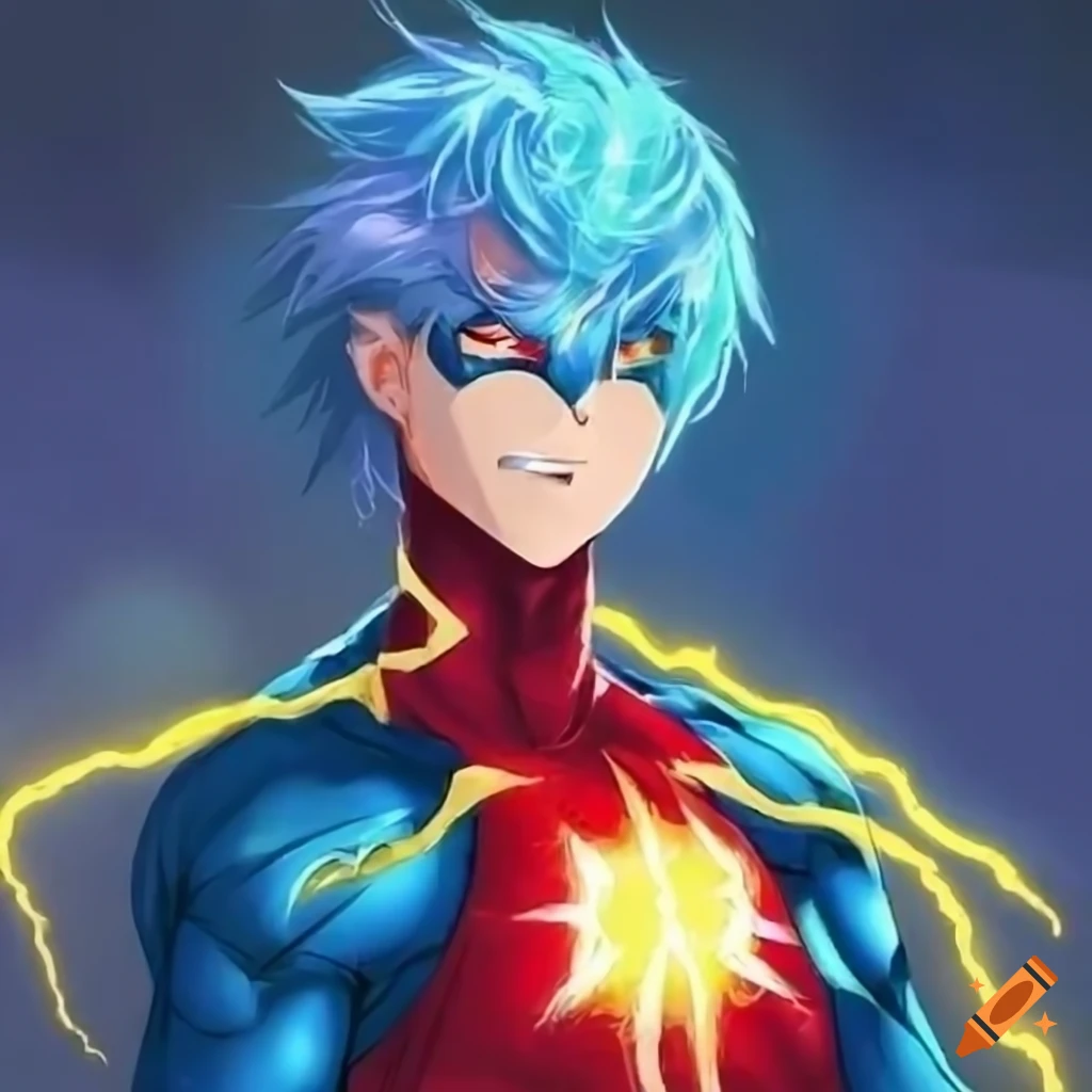 Superhero with lightning powers in red, blue, and gold attire, with ...