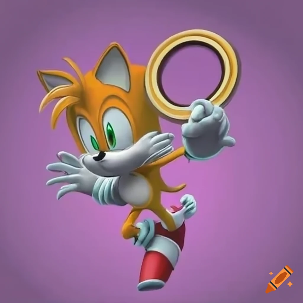 Tails from sonic the hedgehog flying towards rings in a dramatic scene ...