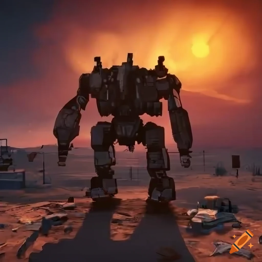 Rusted mecha in a western town at sunset with open cockpit on Craiyon