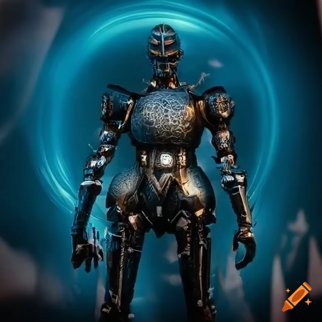 Impressive robotic knight with glowing eyes in a mystical battle scene ...