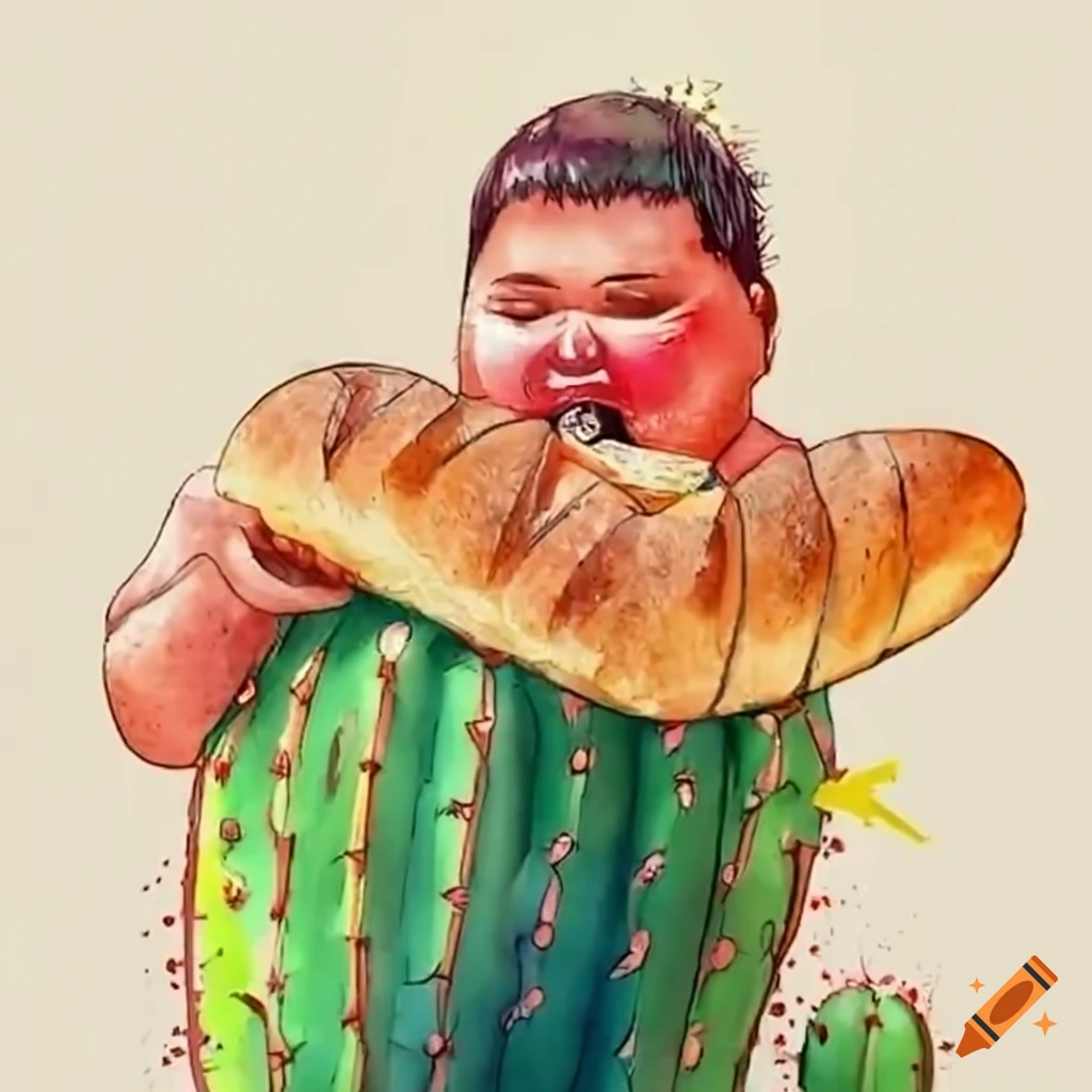 Man accidentally stepping on a cactus while eating a baguette on Craiyon