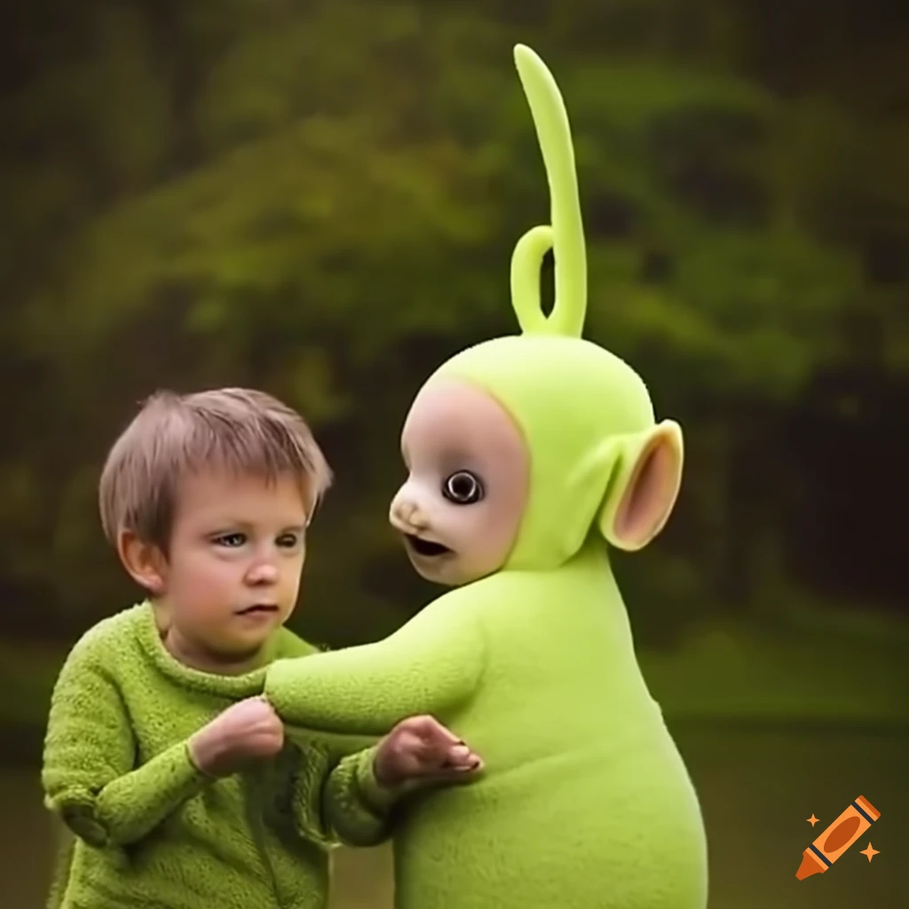 Female teletubby playfully offering to carry a boy on Craiyon