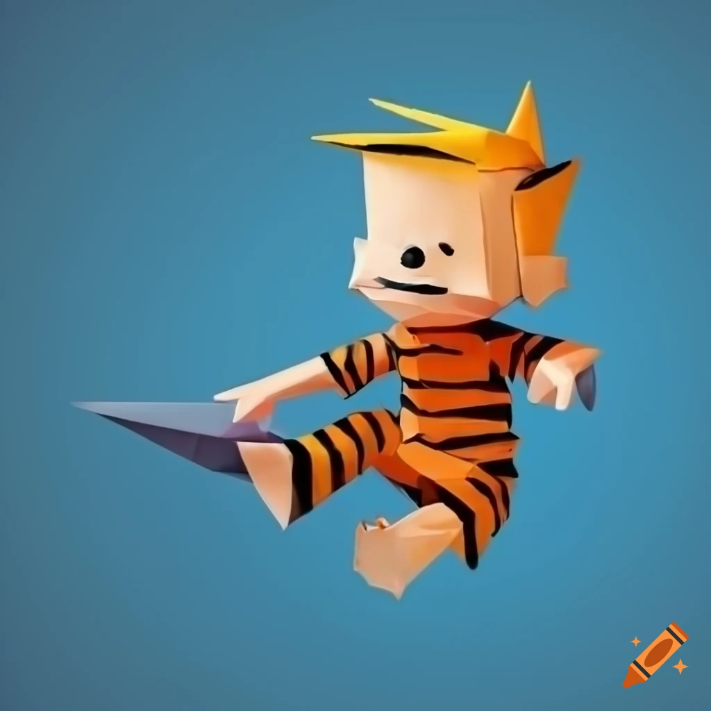 Origami high poly Calvin boy jumping in a safe manner on a blue ...