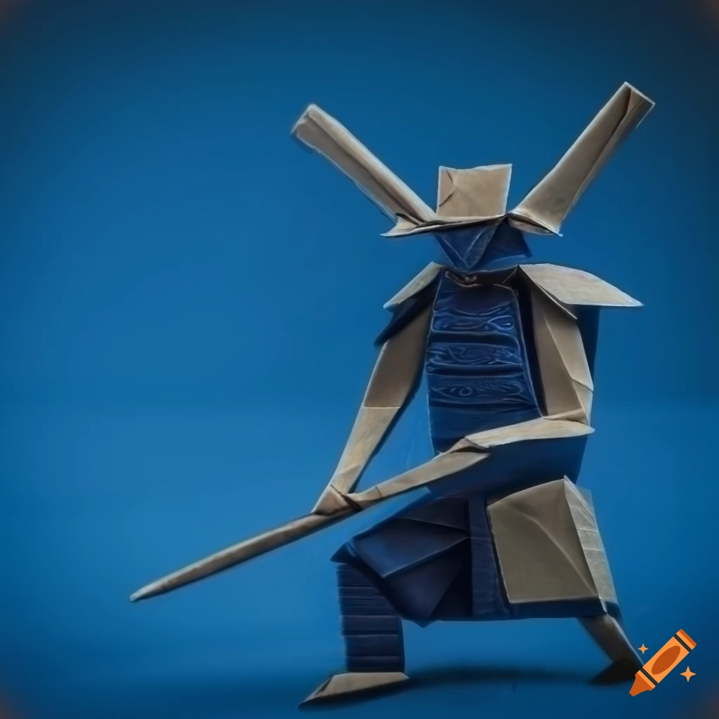 Origami high poly samurai on blue wood background on Craiyon