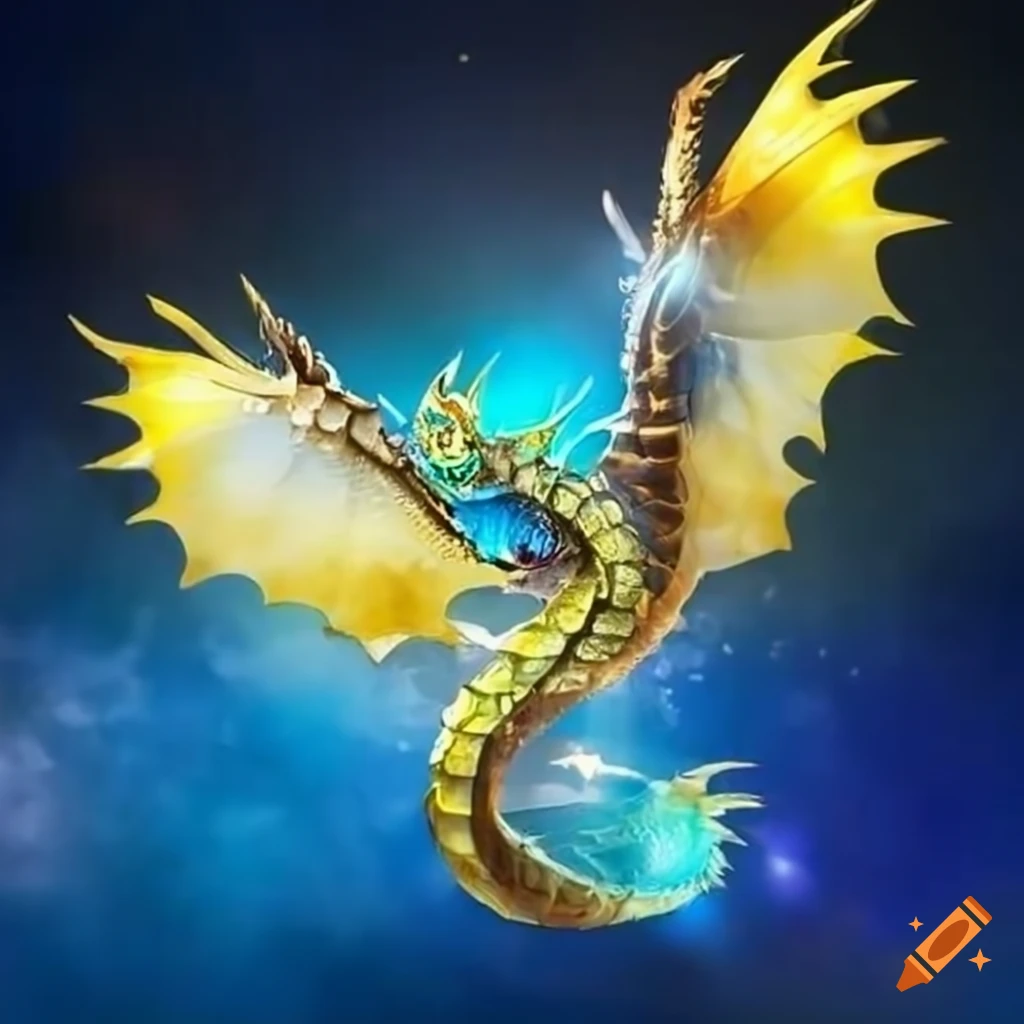 Mythical diamond dragon with yellow crystal wings soaring in the sky on ...