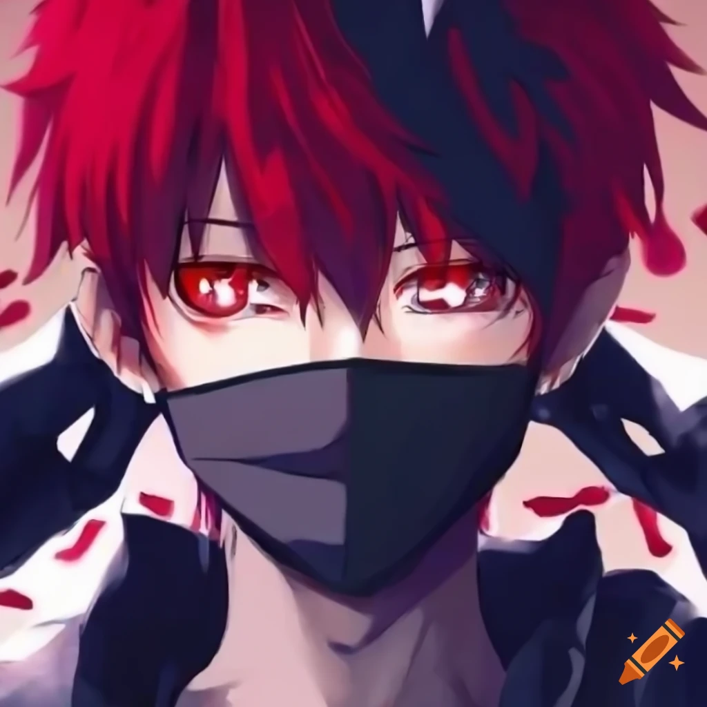 Anime boy with dark red hair wearing a full-face mask on Craiyon