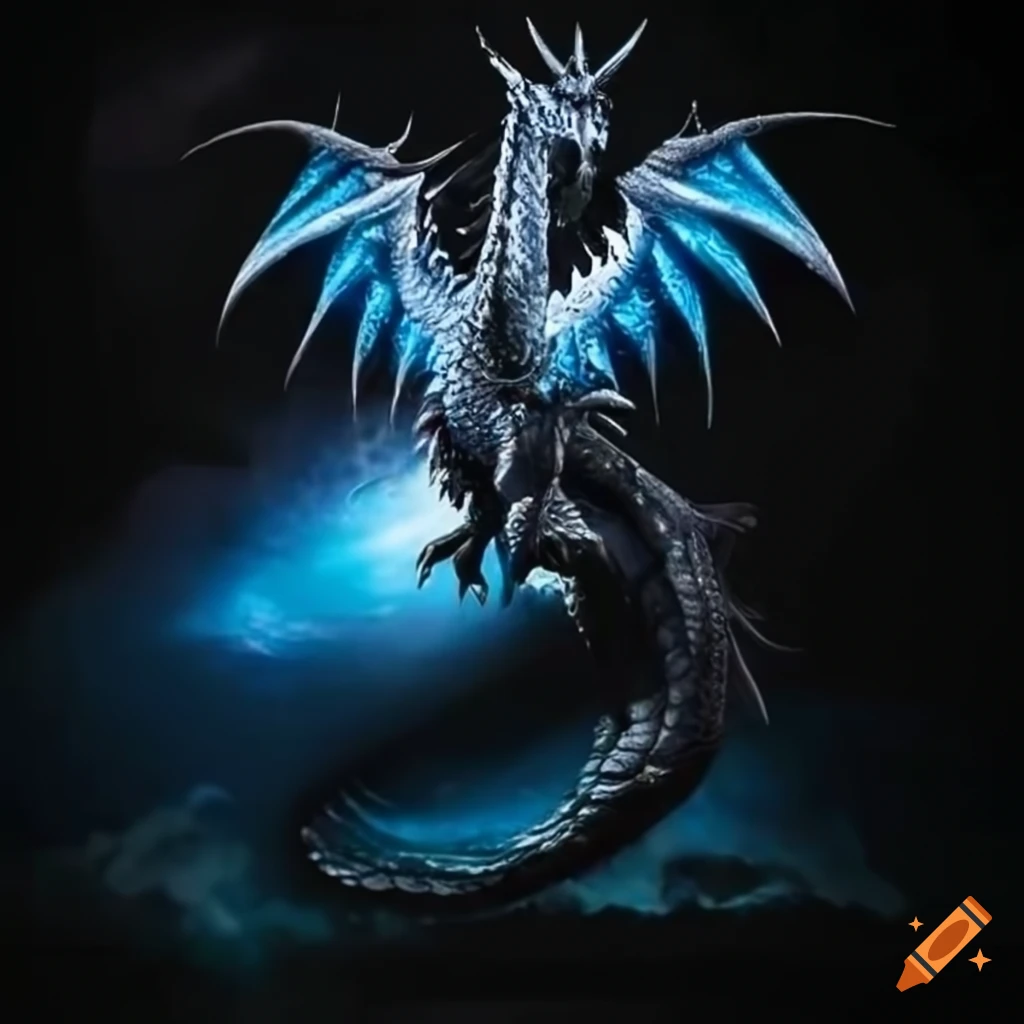 Mythical diamond dragon with black crystal wings flying in the sky on ...