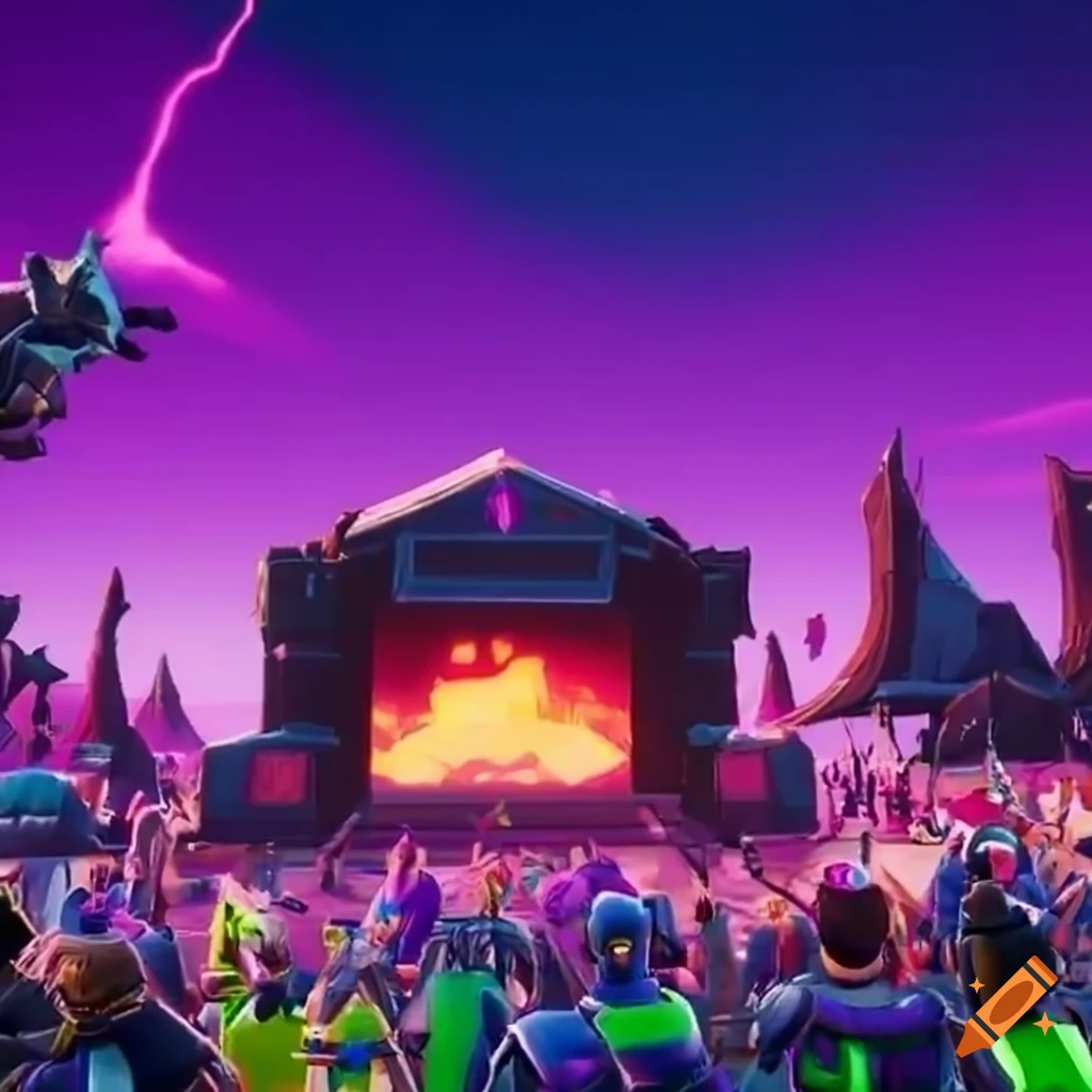 Festival scene with a stage and lively crowd in Fortnite style on Craiyon