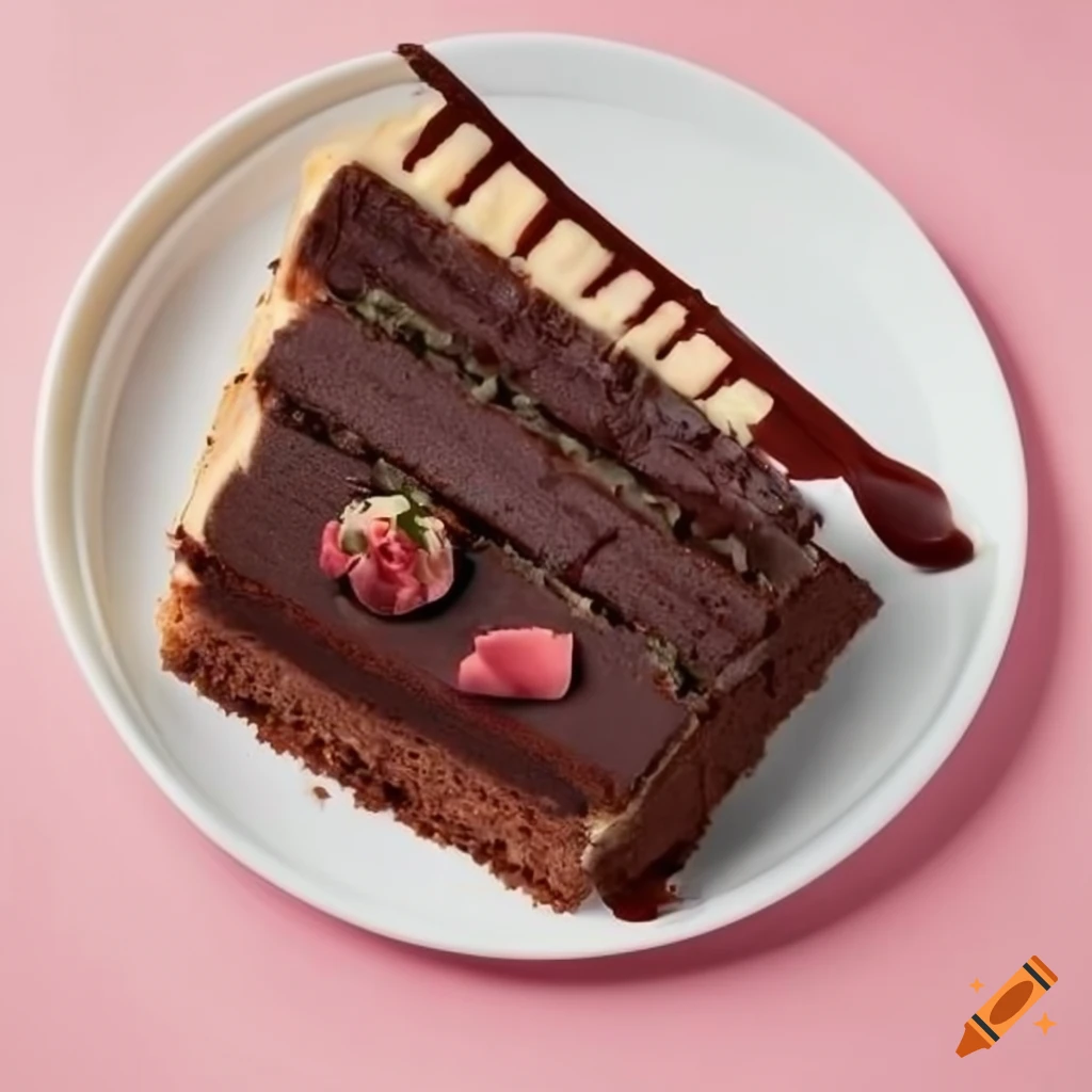 Slice of cake with chocolate garnish from top view on Craiyon