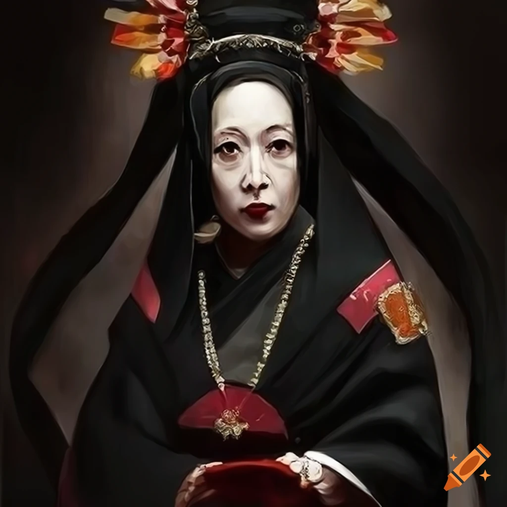 Epic futuristic elderly geisha nun in black robes oil painting on Craiyon