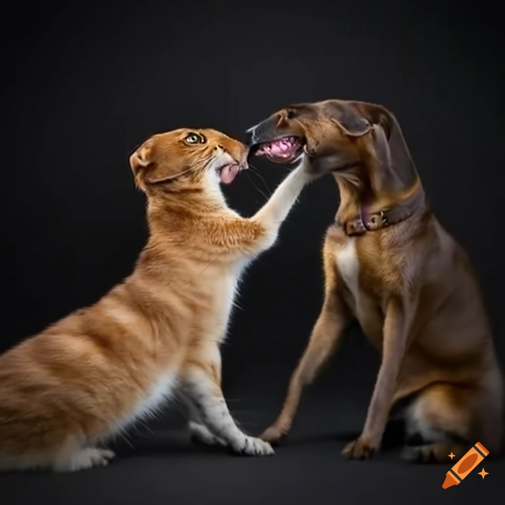 Cat and dog engaged in a playful scuffle on Craiyon