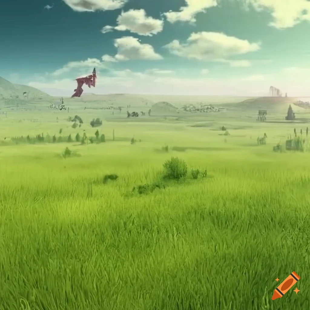 Realistic medieval fantasy grass field viewed from above in the daytime ...