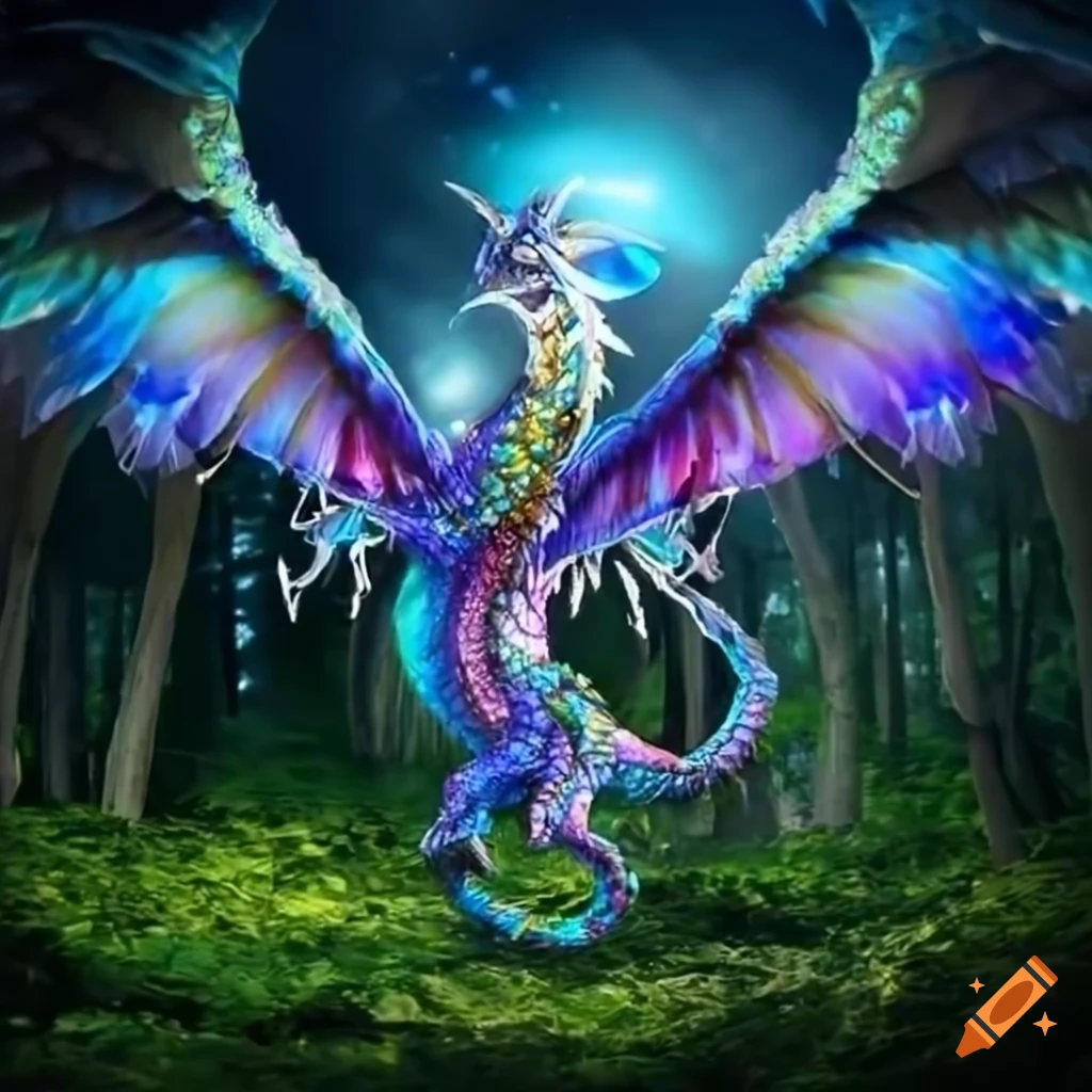 Mythical diamond dragon with crystal wings soaring over a forest on Craiyon