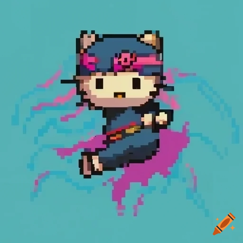 Pixel art of a ninja Hello Kitty jumping with dithering technique on ...