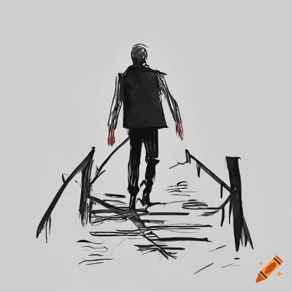 Man walking on a crumbling wooden bridge in a pencil sketch on Craiyon
