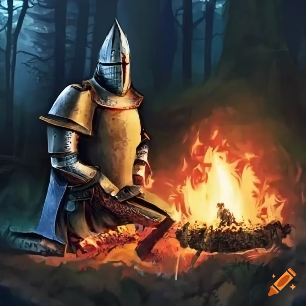 Knight by a campfire in the woods at night on Craiyon