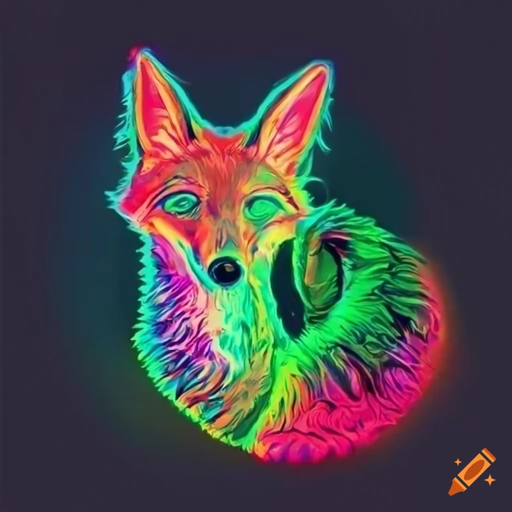 Neon psychedelic drawing of a fox on Craiyon