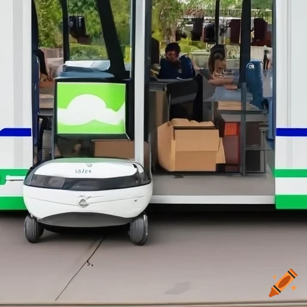 Delivery robot inside tram with packages nearby on Craiyon