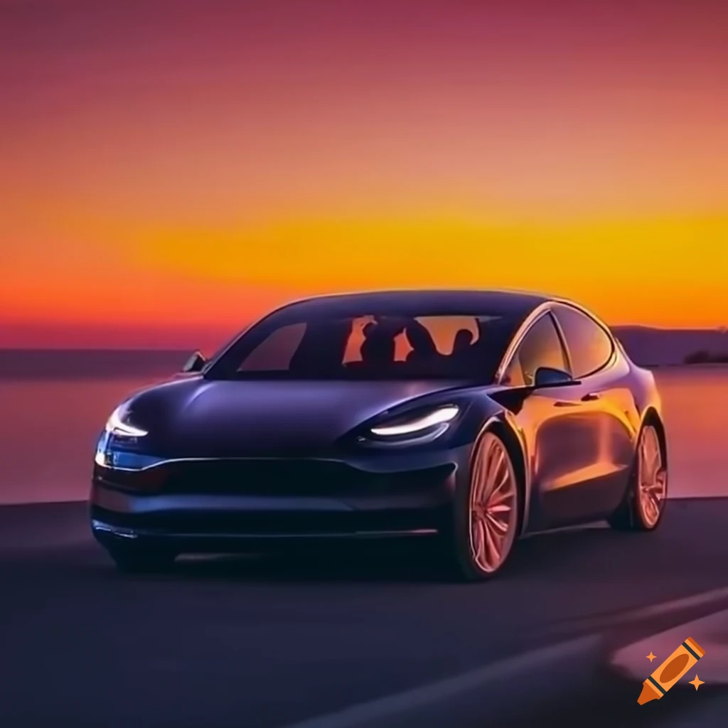 Black tesla model 3 in biarritz during sunset on Craiyon