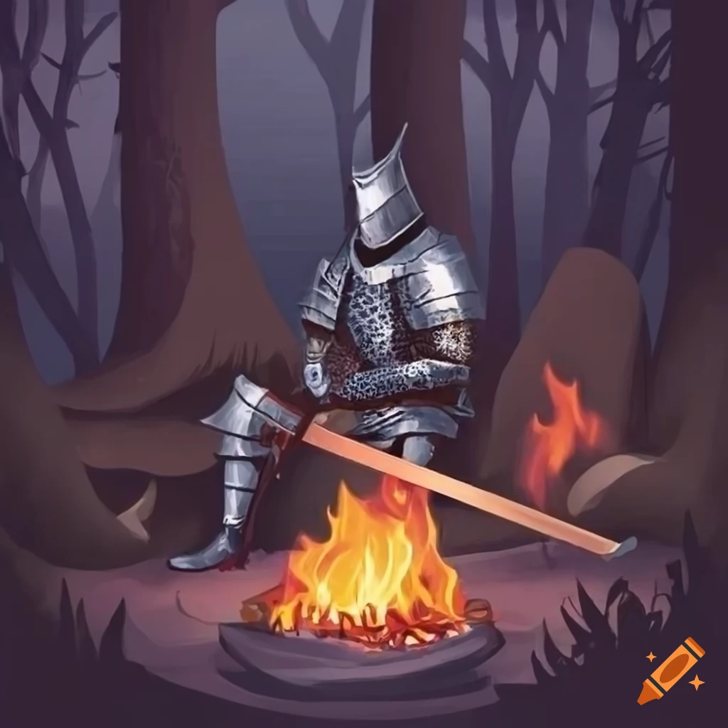 Knight by a campfire in the woods at night on Craiyon