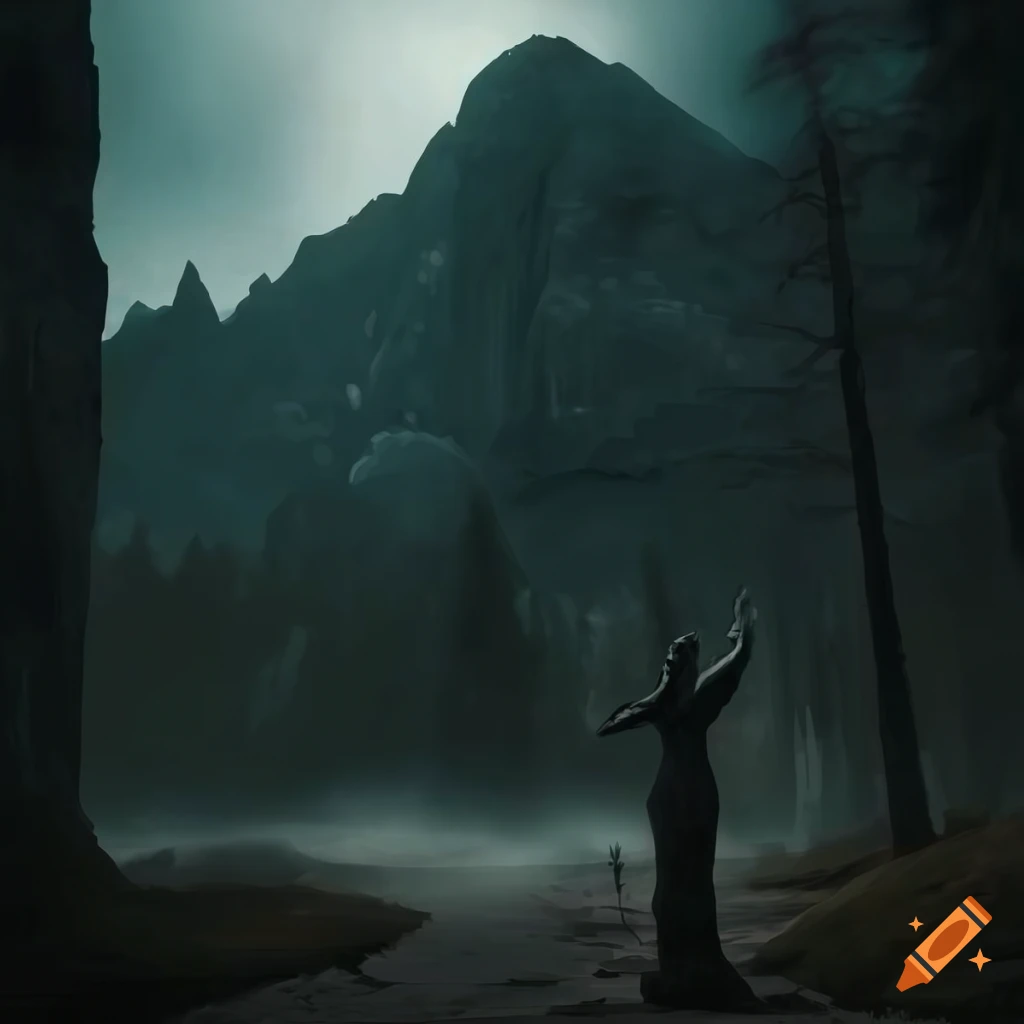 Rocky mountain landscape with a humanoid statue in the center under a ...