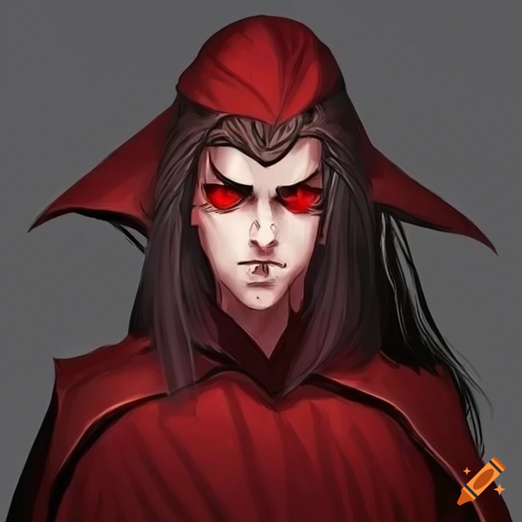 Young vampire viscount in a red robe with red eyes and black hair ...