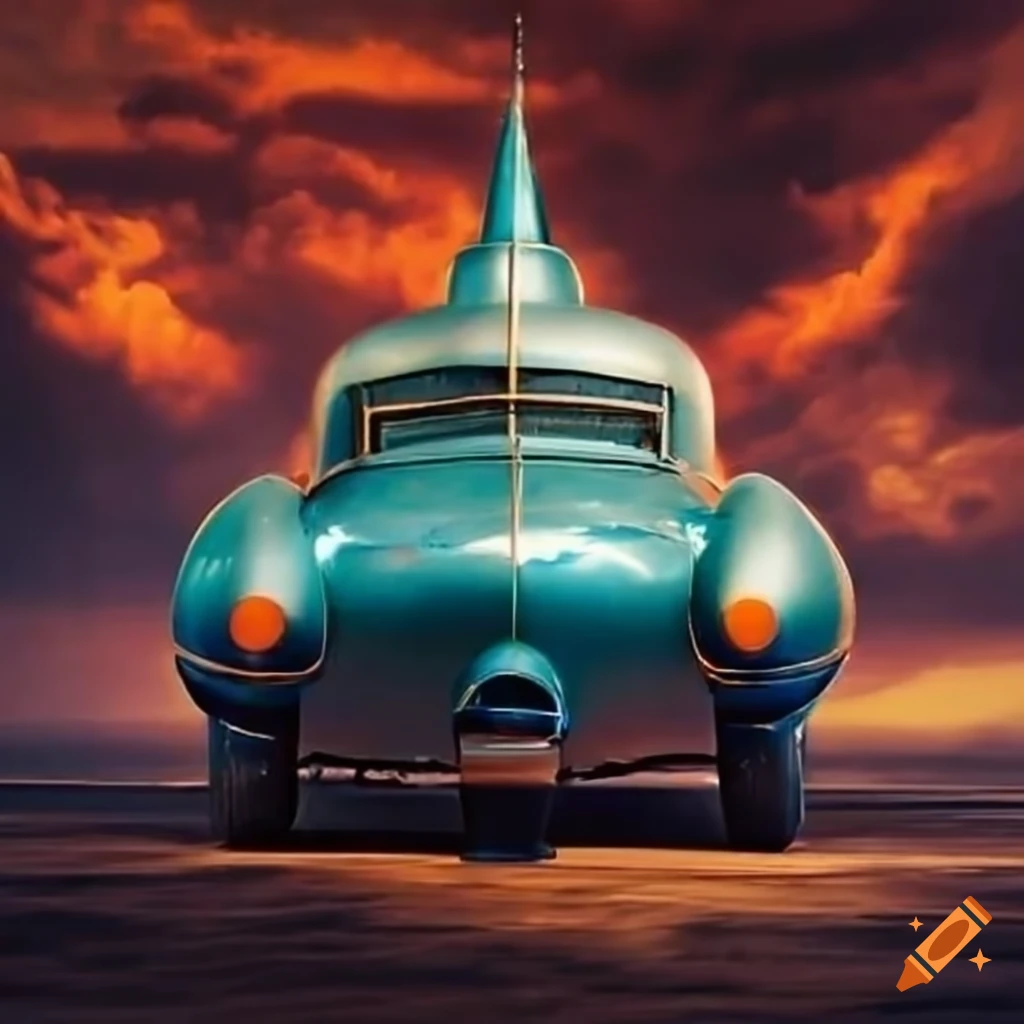 Vintage rocket-powered car on wrapped canvas on Craiyon