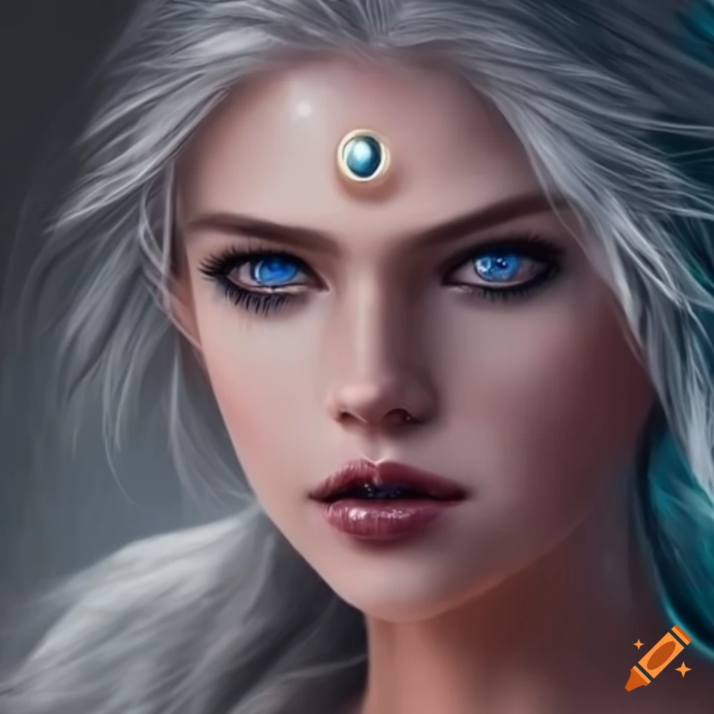 Fierce warrior with piercing blue eyes, silver hair, and a bloody sword ...