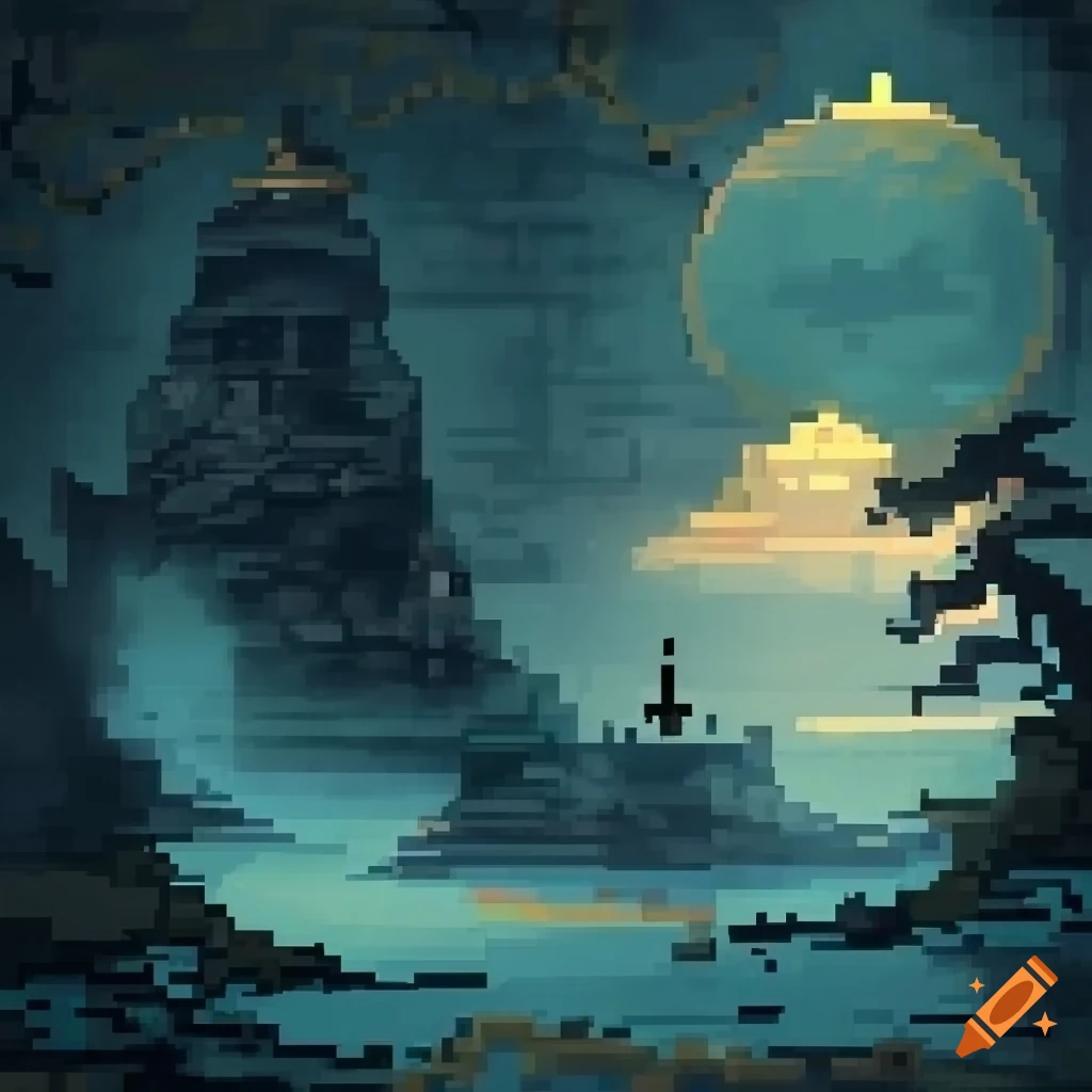 Pixel art with dithering technique in traditional chinese ink painting ...