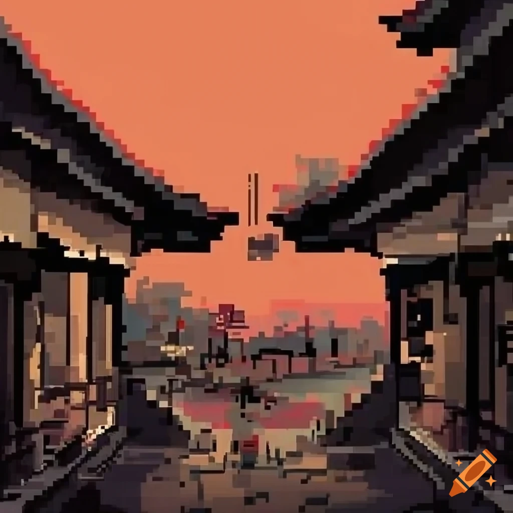 Pixel art with dithering inspired by traditional chinese ink painting ...
