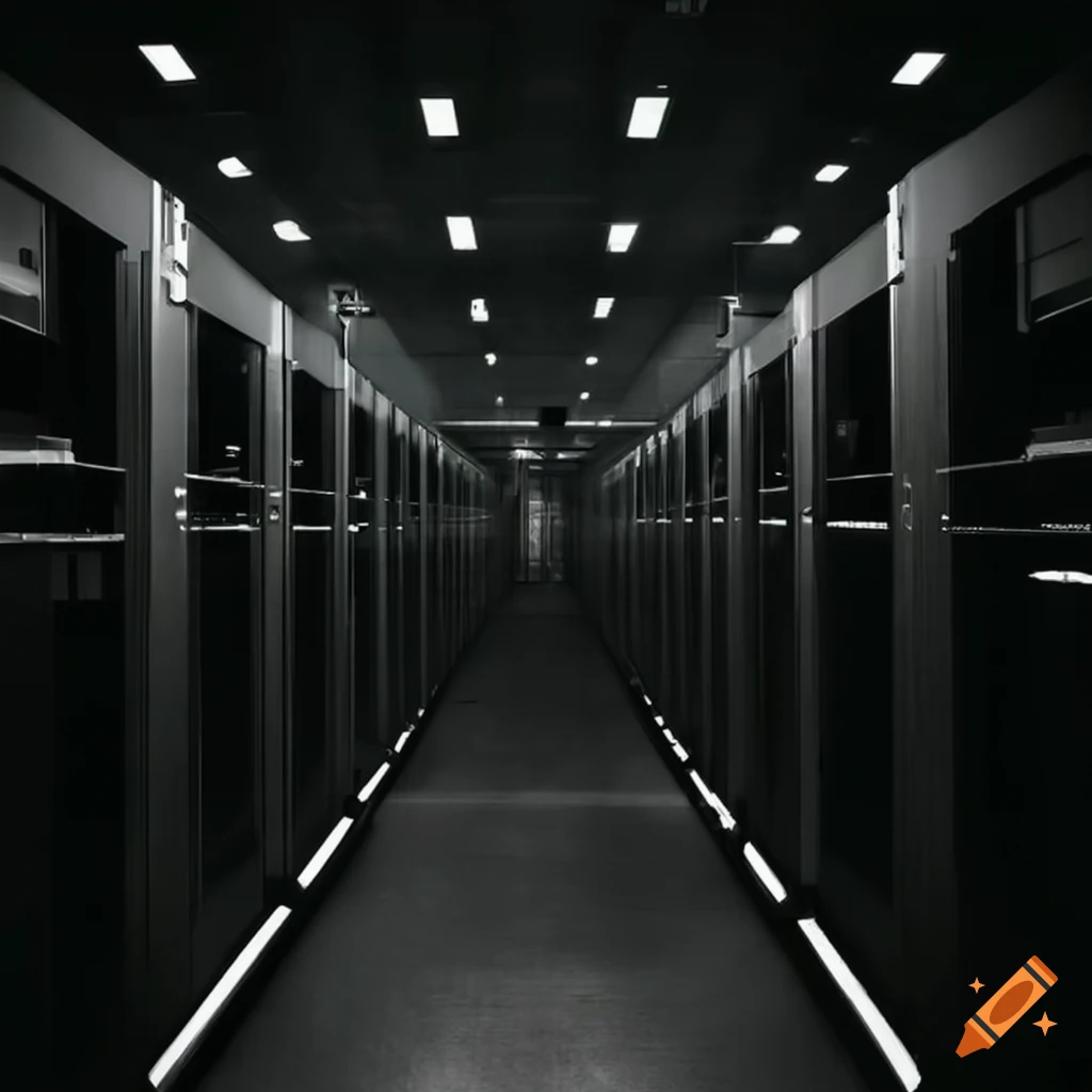 Dark hallways with filing cabinets and office cubicles on Craiyon