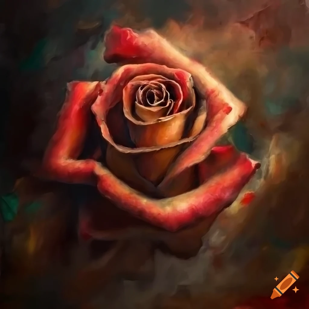 Surrealistic oil painting of a rose in a destroyed background on Craiyon
