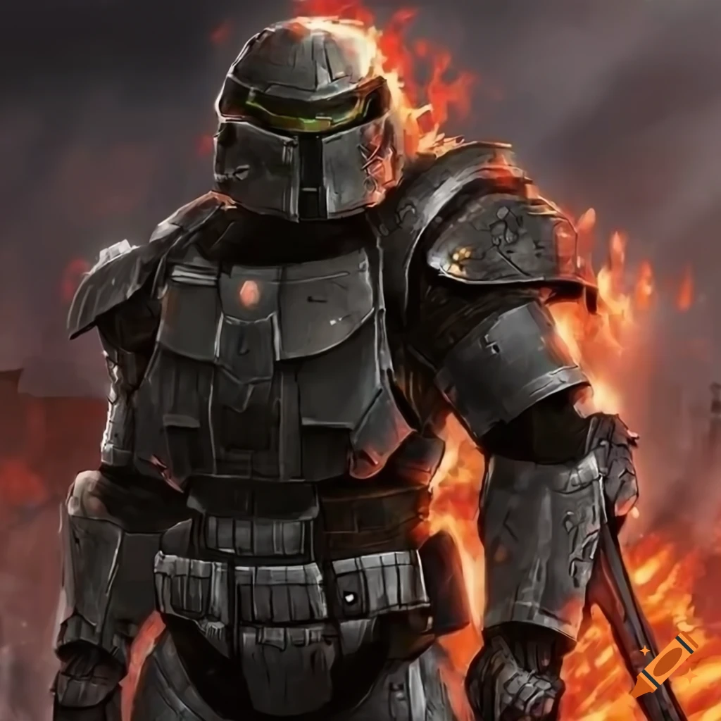 Futuristic soldier in battle-scarred power armor with cybernetic ...