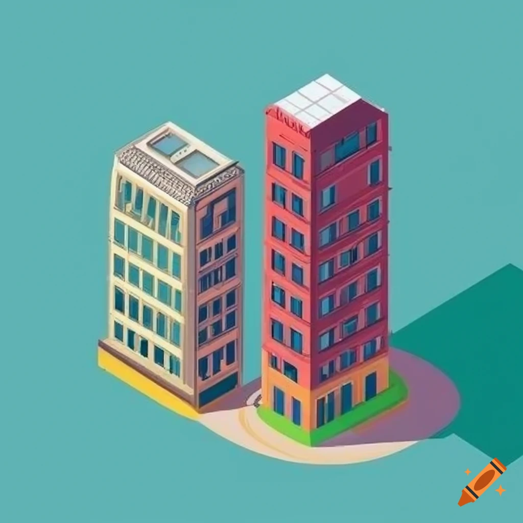 Isometric view cartoon of buildings on Craiyon