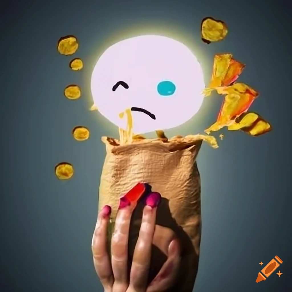 Hand reaching for fried chips with sad face in thought bubble on Craiyon