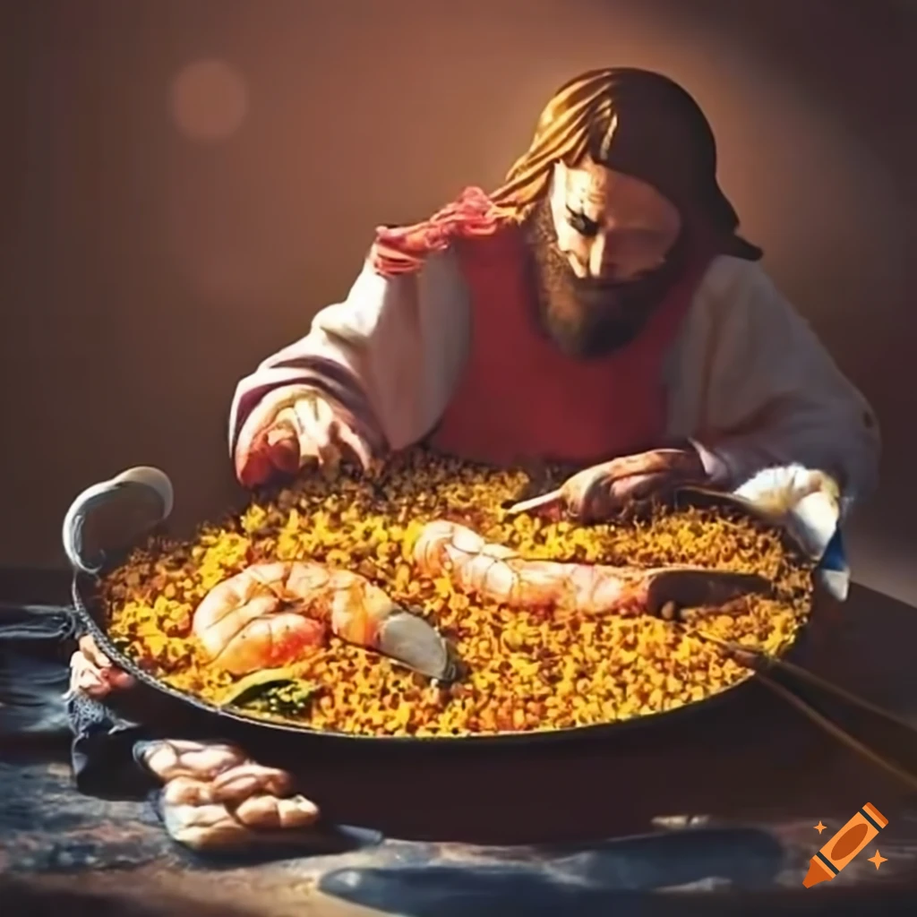 Jesus cooking spanish shrimp paella under the sun on Craiyon