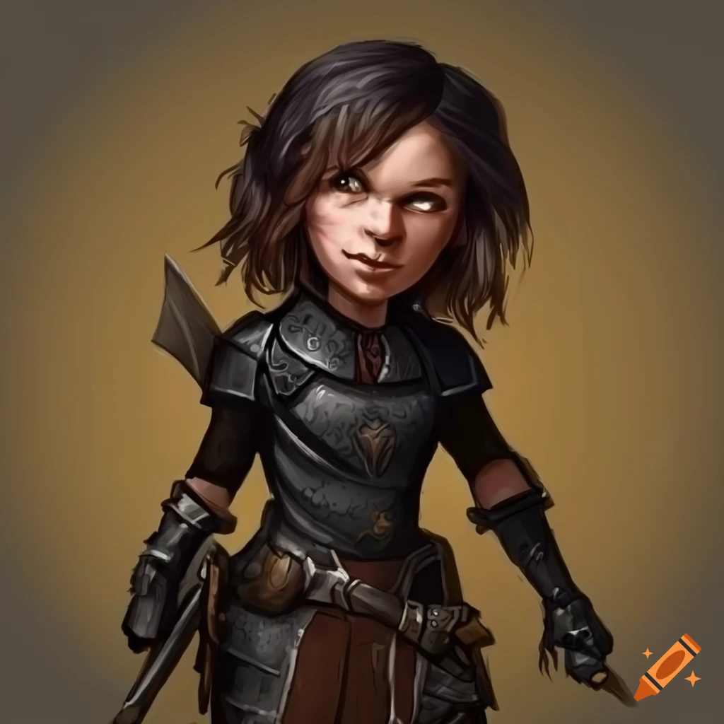 Female halfling rogue in black leather armor with short sword and dagger on Craiyon