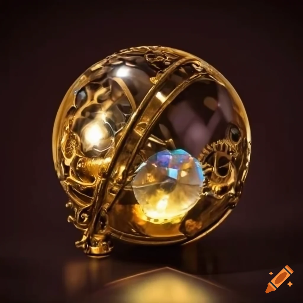 Clockwork brass sphere with a glowing crystal center on Craiyon