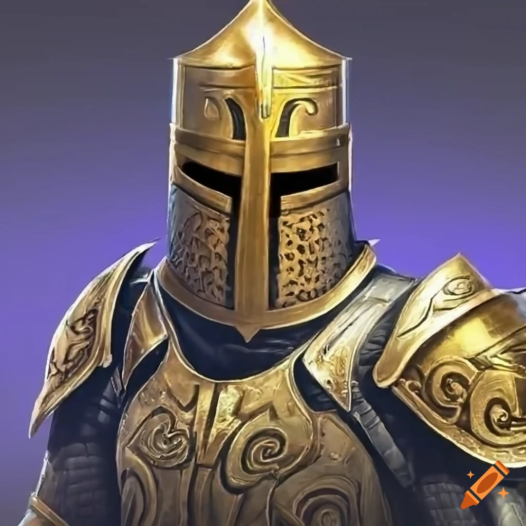 Symmetrical knight in golden and blue tabard inspired by Kingdoms of Amalur: Reckoning on Craiyon