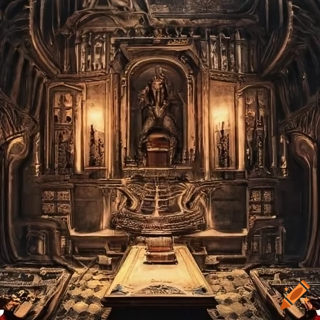 Hr giger style room with ritual setup and ancient symbols on Craiyon