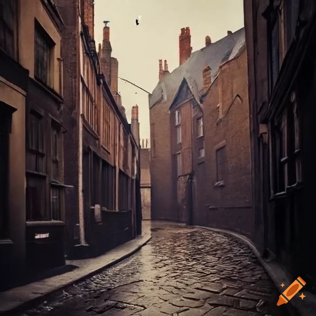 18th century london back alley with wet muddy streets in a medieval ...