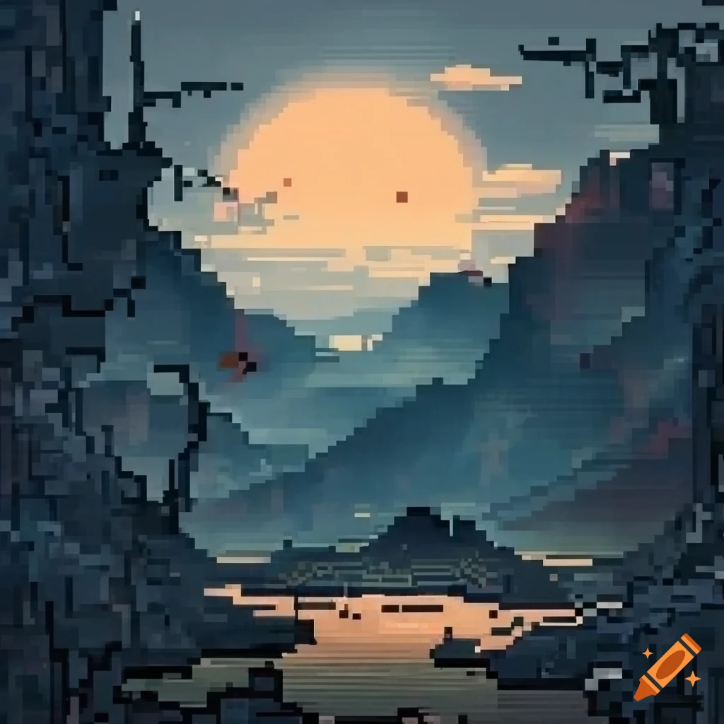 Pixel art with dithering influenced by traditional chinese ink painting ...